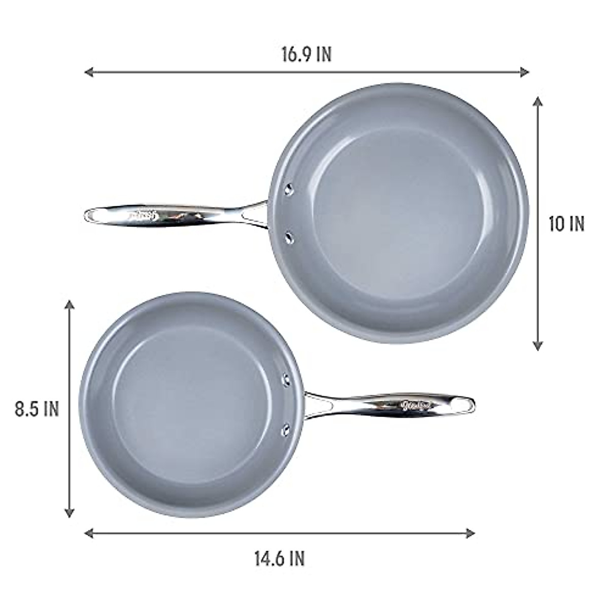 Goodful Ceramic Nonstick 2 Piece Frying Pan Set, 8 Inch and 9.5 Inch Skillets, Dishwasher Safe Pots and Pans, Comfort Grip Stainless Steel Handle, Made without PFOA, Gray