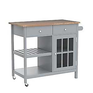 ChooChoo Rolling Kitchen Island, Portable Kitchen Cart Wood Top Kitchen Trolley with Drawers and Glass Door Cabinet, Wine Shelf, Towel Rack, Gray