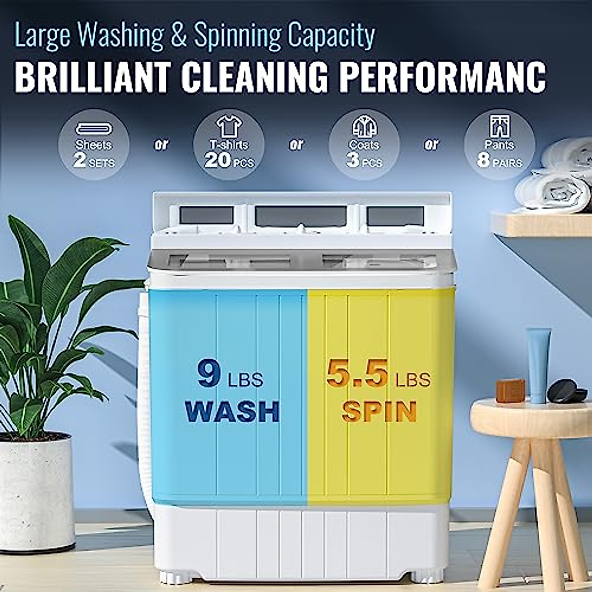 Superday Portable Washer and Dryer, 17.6LBS Small Washing Machine and Spin Dryer Combo, Compact Mini Twin Tub Washing Machine for Apartment, Dorms, RV, Camping, Laundry, College Rooms, Grey