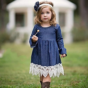 itkidboy Toddler Baby Girl Clothes Long Sleeve Dress Ruffle Denim Skirt Lace Hem Princess Party Dress Outfits Set 2-3T Blue