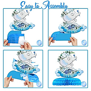 PHIAMOLY 9 Pcs Floral Elephant Honeycomb Centerpiece Blue Elephant Table Decorations Its a Boy Baby Shower Decorations Eelephant Theme Birthday Party Supplies