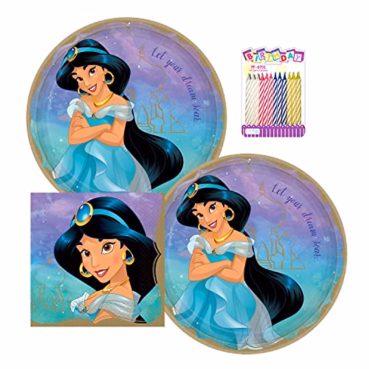 Disney Princess Jasmine Party Supplies Pack Serves 16-9 Inch Plates and Luncheon Napkins withh Birthday Candles - Aladdin - Bundle for 16 -