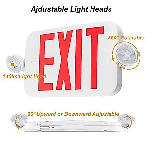 LIT-PaTH LED Combo EXIT Sign with 2 Adjustable Head Lights and Back Up Batteries- US Standard Red Letter Emergency Exit Lighting, UL 924 and CEC Qualified, 120-277 Voltage, 4-Pack