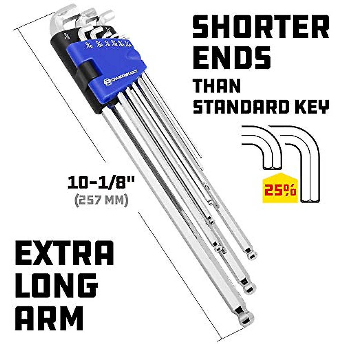 Powerbuilt 9 Piece SAE Stubby End, Extra Long Arm Ball End Hex Key Wrench Set, L-Wrenches for Tight Places, Storage - Blue 240099