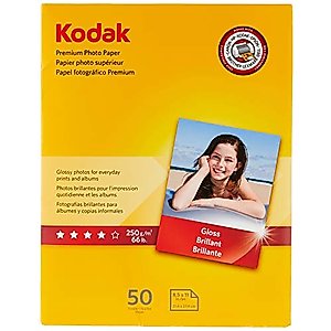 Kodak Premium Photo Paper for inkjet printers, Gloss Finish, 8.5 mil thickness, 50 Sheets, 8.5” x 11” (8360513),White