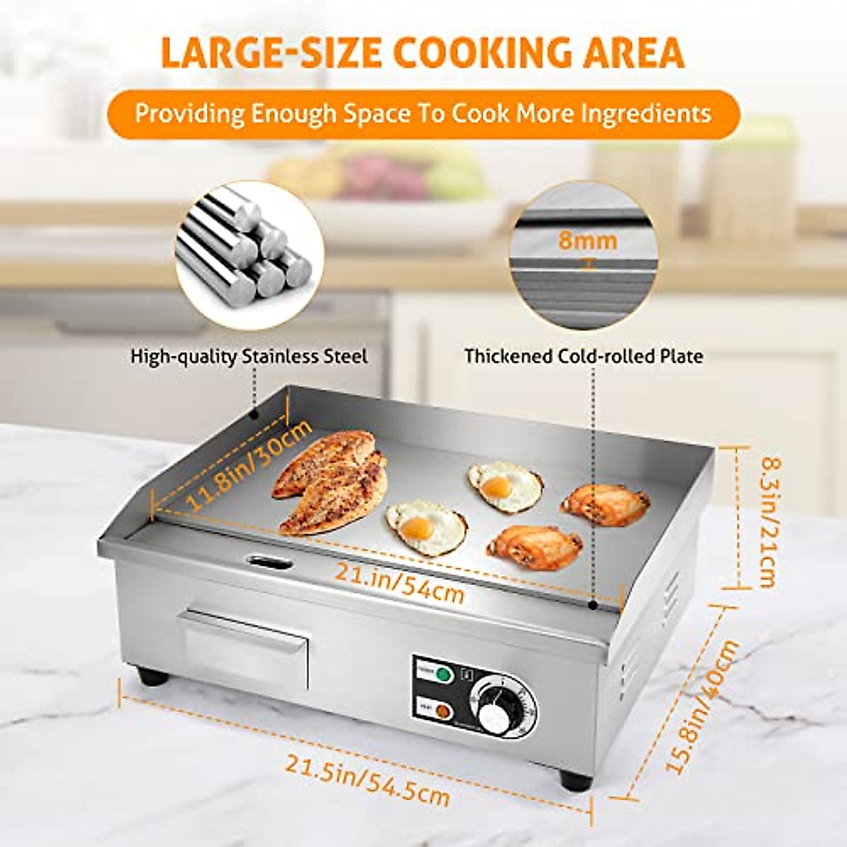 WICHEMI 22" Electric Griddle Grill Commercial Countertop Griddle Flat Top Grill Hot Plate Non-Stick Stainless Steel Teppanyaki Grill for Restaurant Kitchen, 110V 3000W