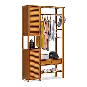MoNiBloom Closet Organizer with Two Shutter Doors and 1 Drawer, Bamboo Freestanding Clothes Garment Rack with a Hanging Rob, 2 Storage Shelves, 2 Hooks and Pants Rack, Brown