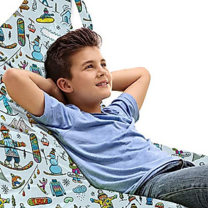 Ambesonne Winter Lounger Chair Bag, Seasonal Sports Skiing Boy Mountain Ice Snowman Alpine Vacation Childish Theme, High Capacity Storage with Handle Container, Lounger Size, Multicolor