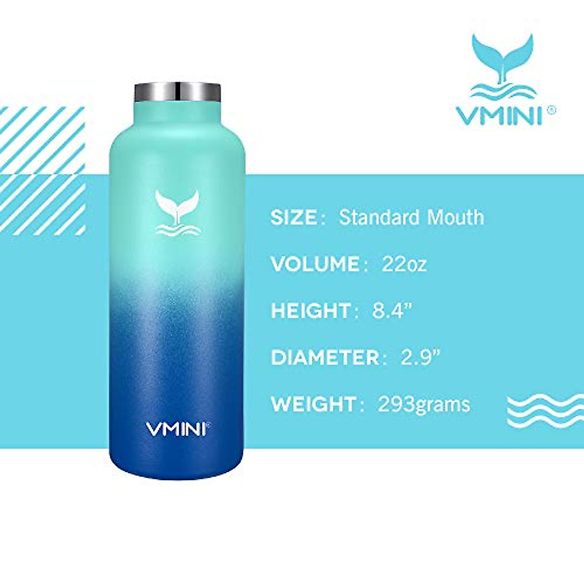 Vmini Water Bottle - Standard Mouth Stainless Steel & Vacuum Insulated Bottle, New Straw Lid with Wide Handle, Gradient Mint+Blue & 22 oz