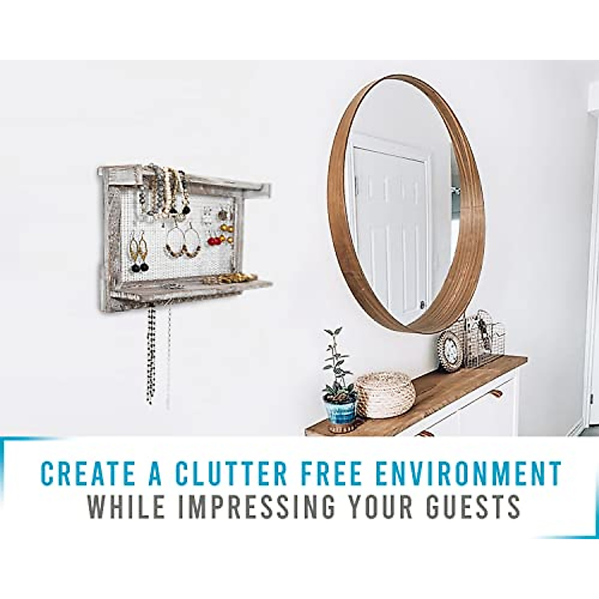 Comfify Rustic Jewelry Organizer – Wall Mounted Jewelry Holder w/Removable Bracelet Rod, Shelf & 16 Hooks – Perfect Earrings, Necklaces & Bracelets Holder – Rustic White