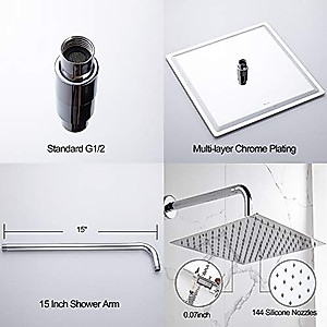 RODDEX Square Rain Shower Head, High Pressure Rainfall Showerhead, Large Fixed Stainless Steel Polished Chrome Shower Rain, 12 Inch Rainhead + 15 Inch Extension Arm