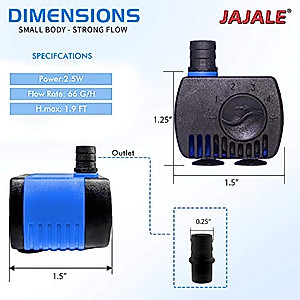 JAJALE 66 GPH Submersible Water Pump Ultra Quiet For Pond,Aquarium,Fish Tank,Fountain,Hydroponics
