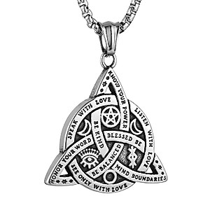 HZMAN Double Sided Stainless Steel Triple Goddess Triquetra Necklace Celtic Knot Irish Christian Trinity Knot Pendant