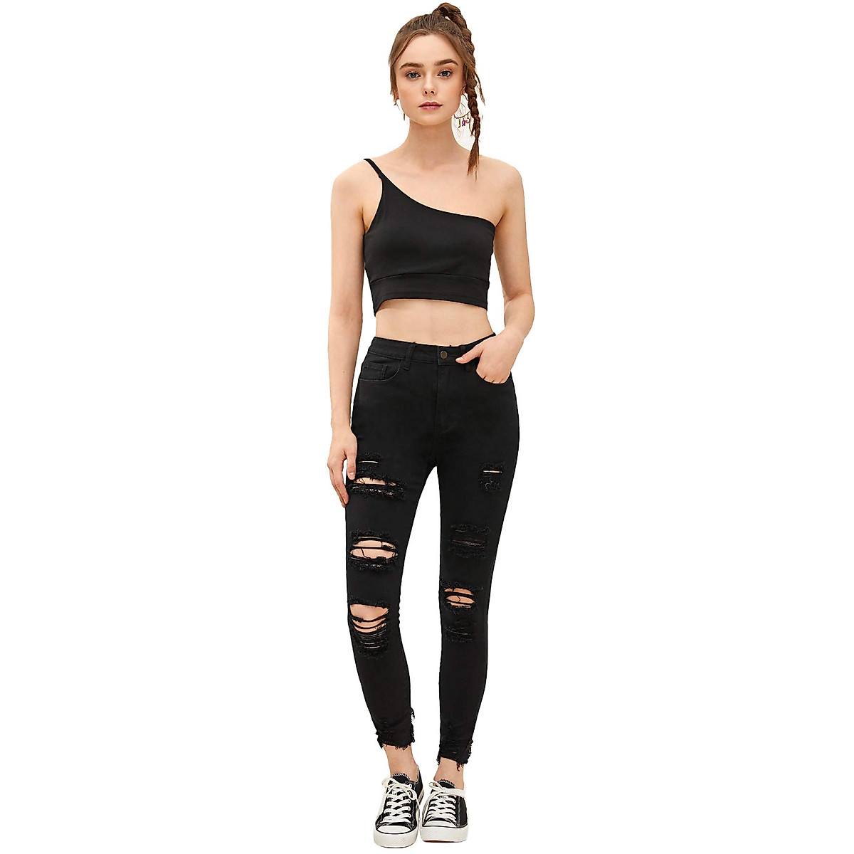 SweatyRocks Women's Hight Waisted Stretch Ripped Skinny Jeans Distressed Denim Pants Black-4 XL