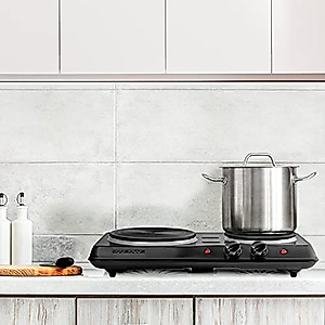 Ovente Electric Countertop Double Burner, 1700W Cooktop with 7.25 and 6.10 Inch Cast Iron Hot Plates and Temperature Control, Portable Cooking Stove, Easy to Clean Stainless Steel Base, Black BGS102B