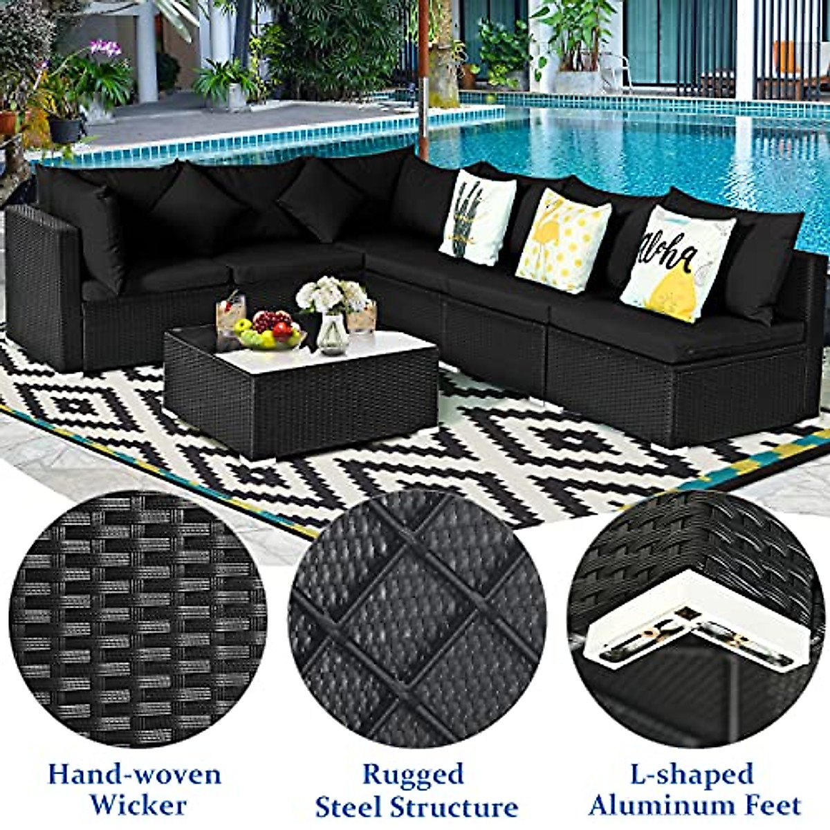 Tangkula 7 Piece Patio Furniture Set, Outdoor Sectional Sofa w/Pillows and Cushions, Wicker Sofa Conversation Set with Coffee Table, Patio Sofa and Tea Table Set for Garden, Lawn (Black)