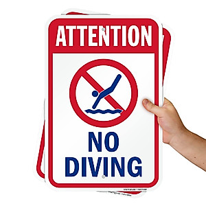 SmartSign Attention No Diving Sign - 2 Pack, 18 x 12 inch, Pool Sign, 2mm Aluminum Composite, Pre-Drilled Holes, Red/Blue on White