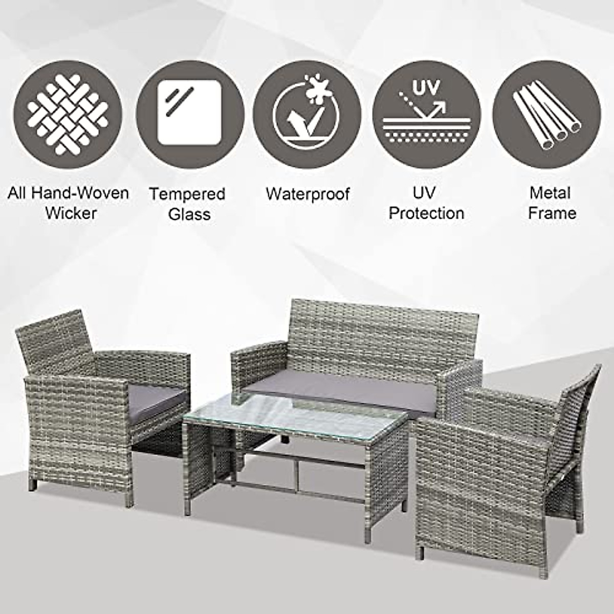 Outsunny 4pcs Outdoor Patio Furniture Set, 2 Plastic Rattan Chairs, 1 PE Wicker Loveseat Sofa, 1 Center Coffee Table with Tempered Glass Table-Top, Soft Cushions for Backyard, Garden, Light Grey