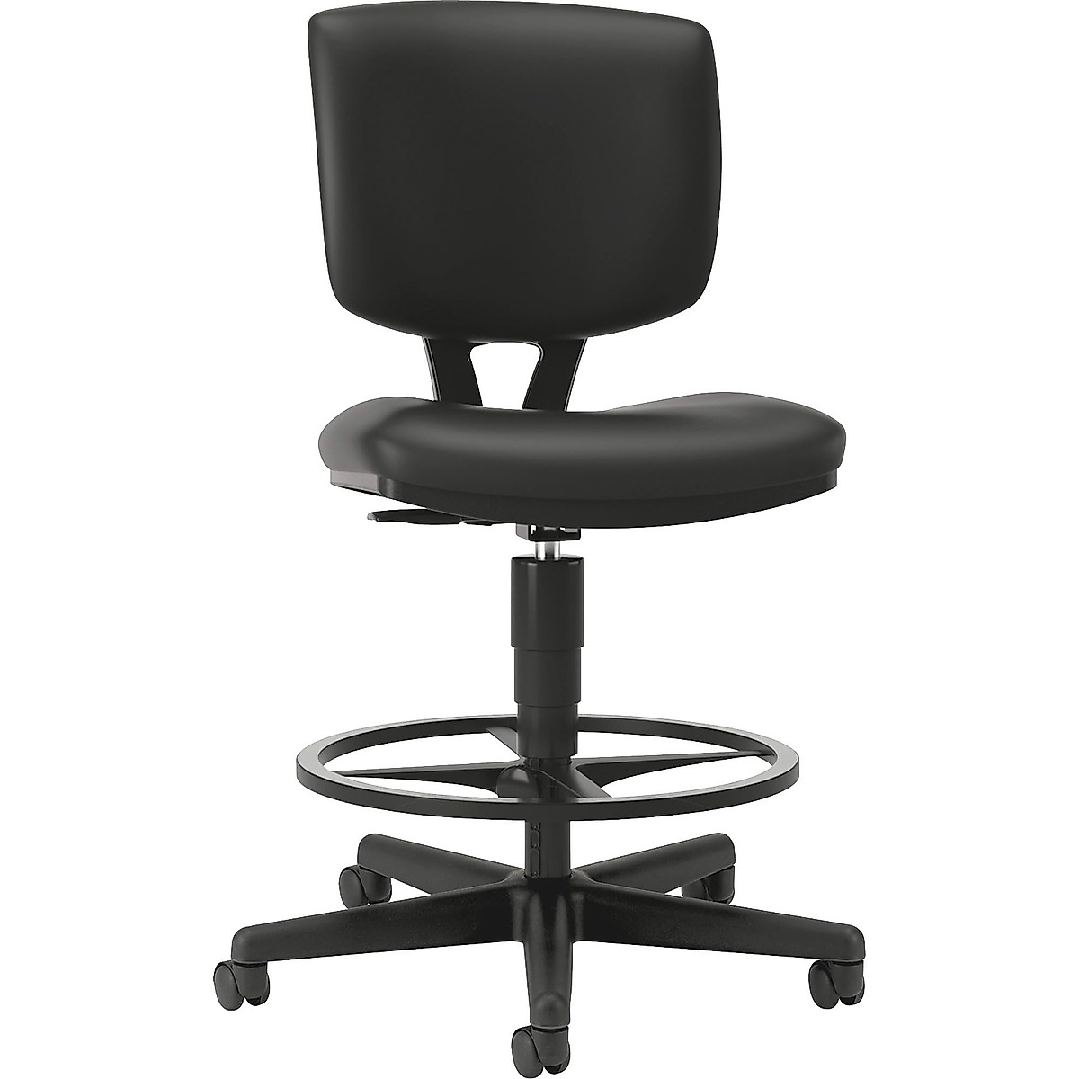 HON, Black Volt Leather Office Chair Sit-To-Stand Seating, Foot Ring, 250lb Max Weight With Wheels for Computer/Desk, Task Stool