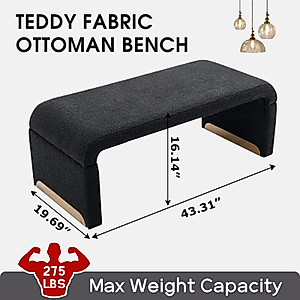 NIOIIKIT 43.3'' Ottoman Bench with Boucle Fabric, Faux Fur End of Bed Bench with Golden Metal Legs, Upholstered Entryway Bench for Living Room, Bedroom, Entryway (Black)