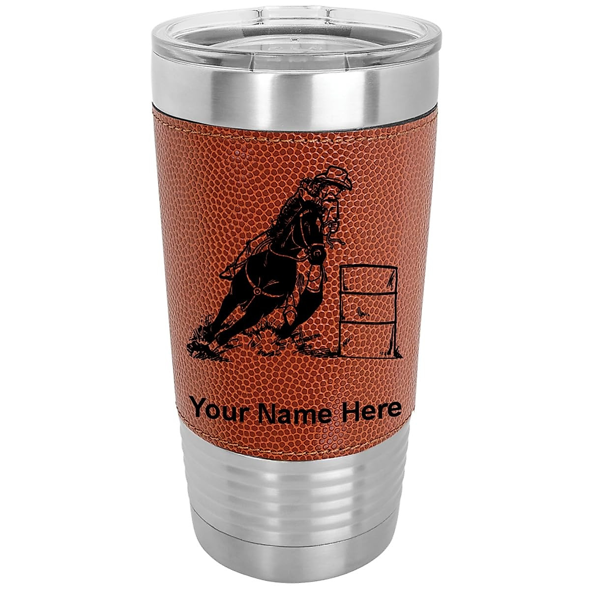 LaserGram 20oz Vacuum Insulated Tumbler Mug, Barrel Racer, Personalized Engraving Included (Faux Leather, Basketball Style)