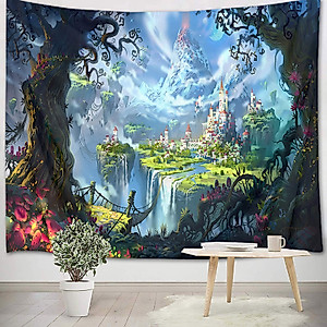LB Fantasy Forest Castle Tapestry, Large Green Magic Fairy Tale World Tapestry Wall Hanging, Trippy Mountain Tapestry Wall Decor for Bedroom Living Room Dorm Wall Decor, 80 x 60 Inches