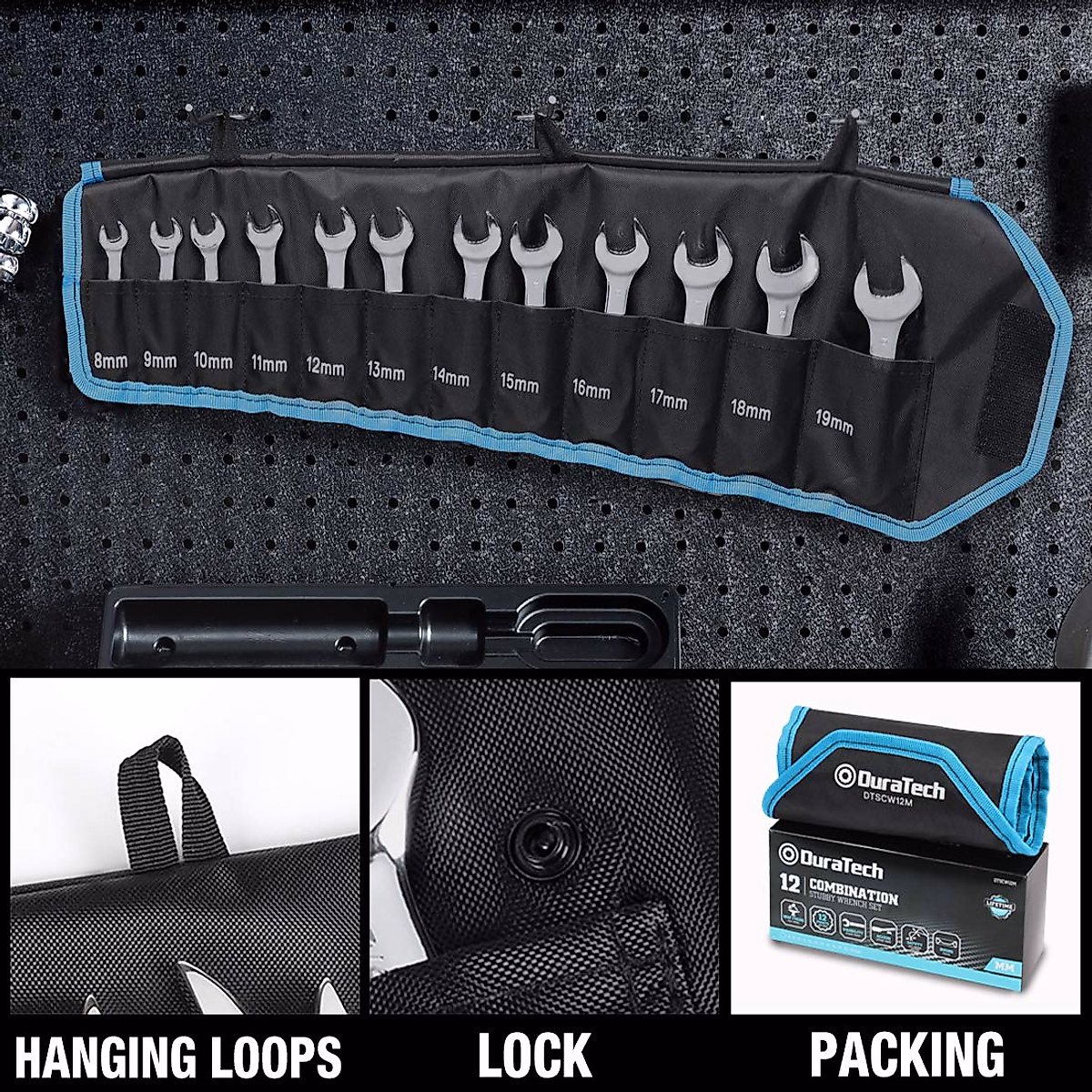 DURATECH Stubby Combination Wrench Set, Metric, 12-Piece, 8-19mm, 12 Point, CR-V Steel, with Rolling Pouch