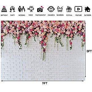 LTLYH 7x5ft White Brick Wall Flowers Backdrop Valentine's Day Theme Photography Backdrop Mother's Day Wedding Bridal Birthday Party Banner Decorations Backdrop 134