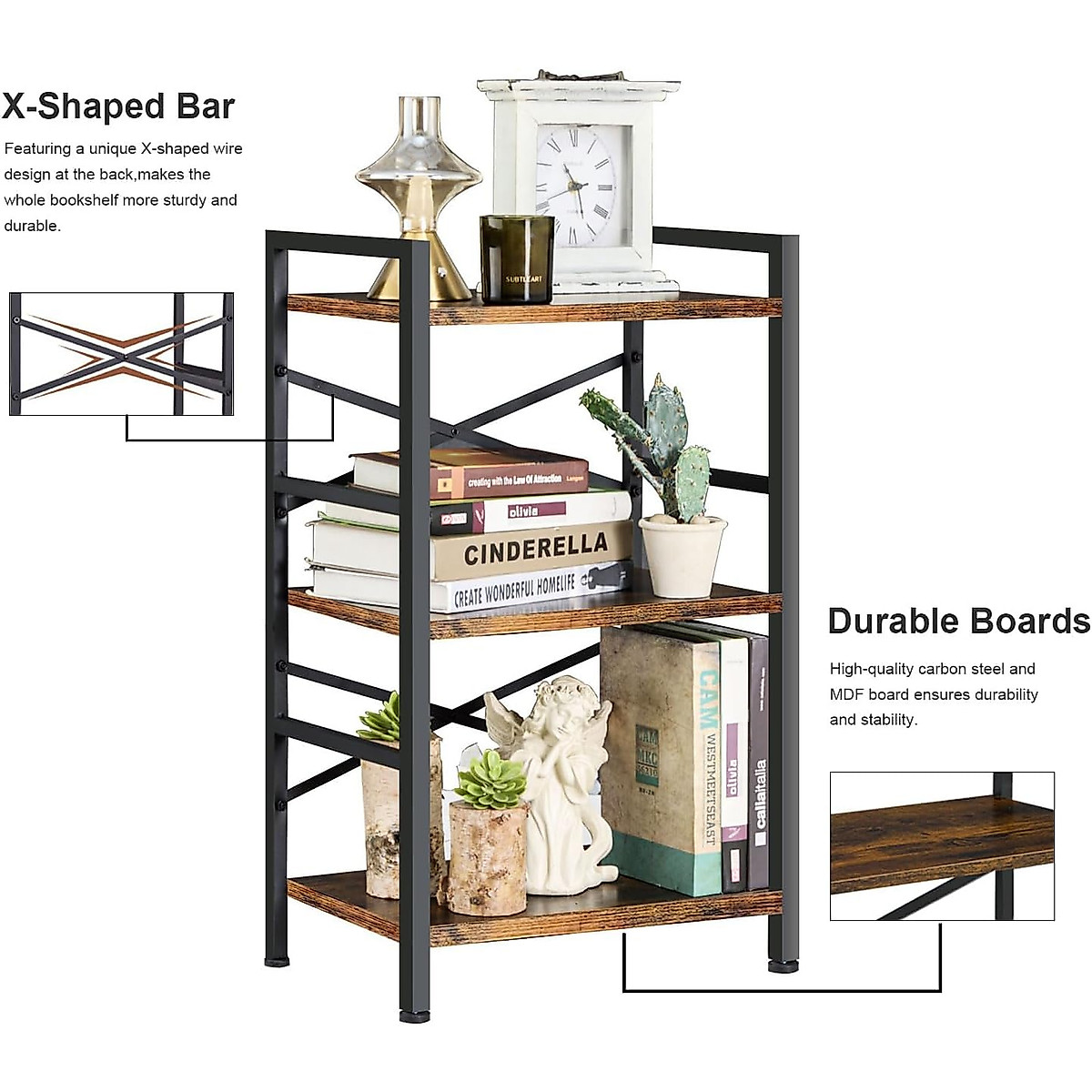 KKN Book Shelf, 4 Tier Industrial Book case, Metal & Wood Small Bookshelf, Display Shelf Book Shelf Storage Organizer for Living Room, Bedroom, and Office Furniture (3 Tier)