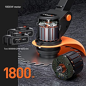 21V 9000MA Battery Grass Trimmer, 1800W Powerful Electric Strimmers with Metal Blade,Telescopic Cordless Garden Edger Cutter Garden Lawn Mower,15 cm Cutting Width