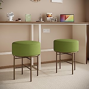 Cute Vanity Chair, Small Makeup Vanity Stool Set of 2, Linen Upholstered Stool Chair for Desk, Modern Round Foot Stools Ottoman with Gold Legs for Girls Makeup Room Living Room Bedroom (Green, 14.9")