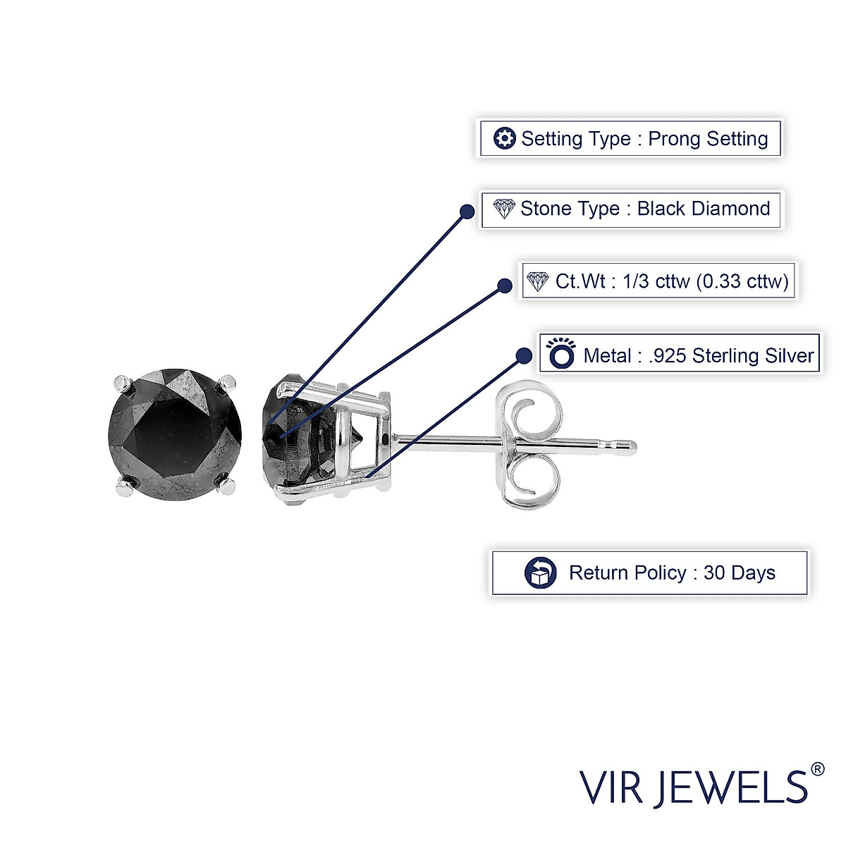 Vir Jewels 1/3 cttw Black Diamond Stud Earrings .925 Sterling Silver Round with Push Backs