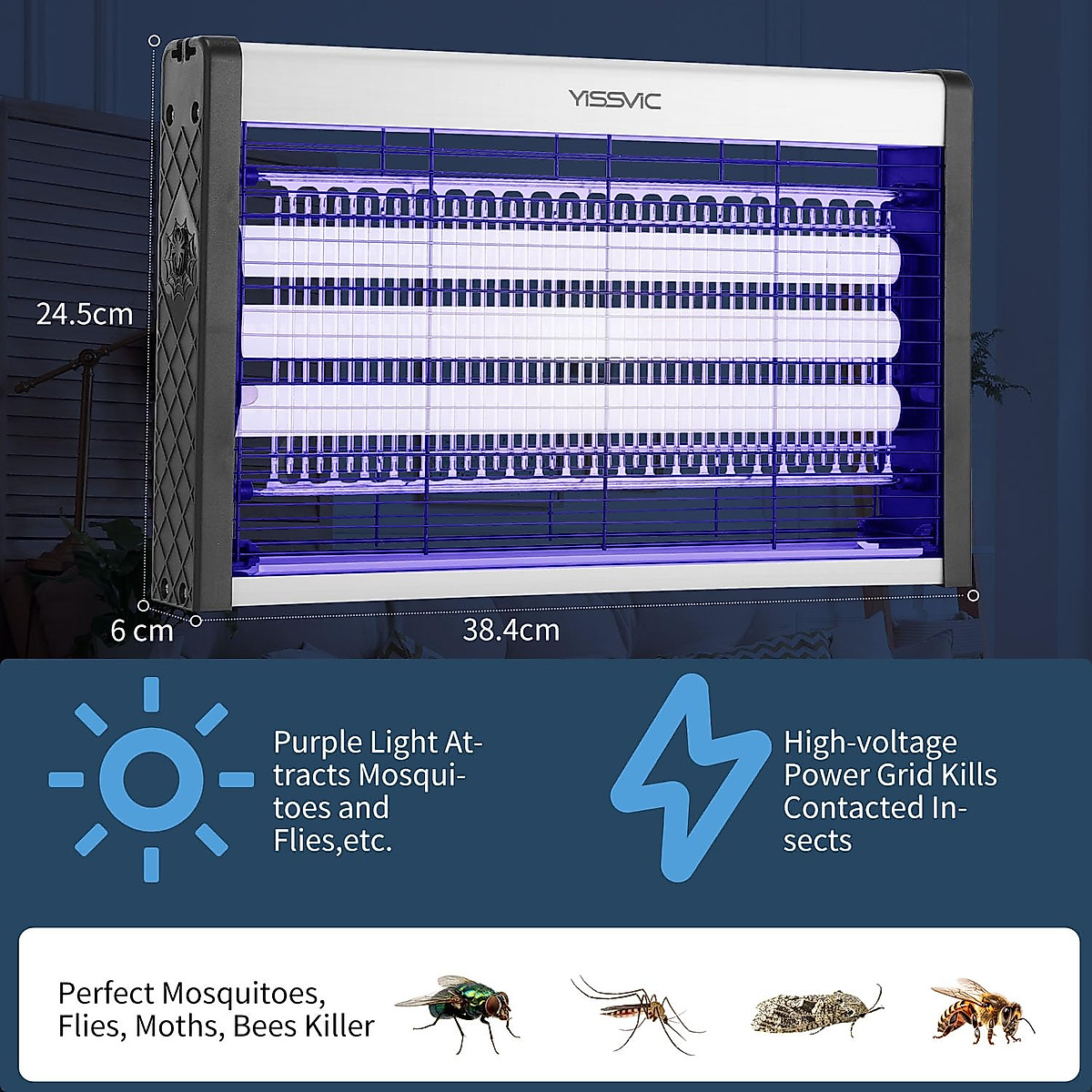 YISSVIC LED Bug Zapper Indoor,4000V Electric Bug Zapper, Powerful Mosquito Zapper,LED Fly Zapper Indoor, Mosquito Killer with 3 Lamps 4.9ft Power Cord for Home Office Restaurant