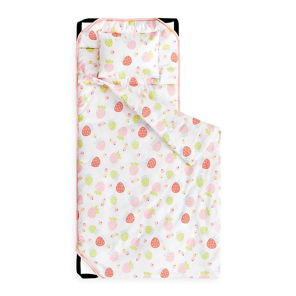 Wake In Cloud - Cot Nap Mat with Pillow and Blanket, for Toddler Kids Boys Girls in Daycare Kindergarten Preschool Pre K with Elastic Corner Straps, Cute Strawberry on Ivory