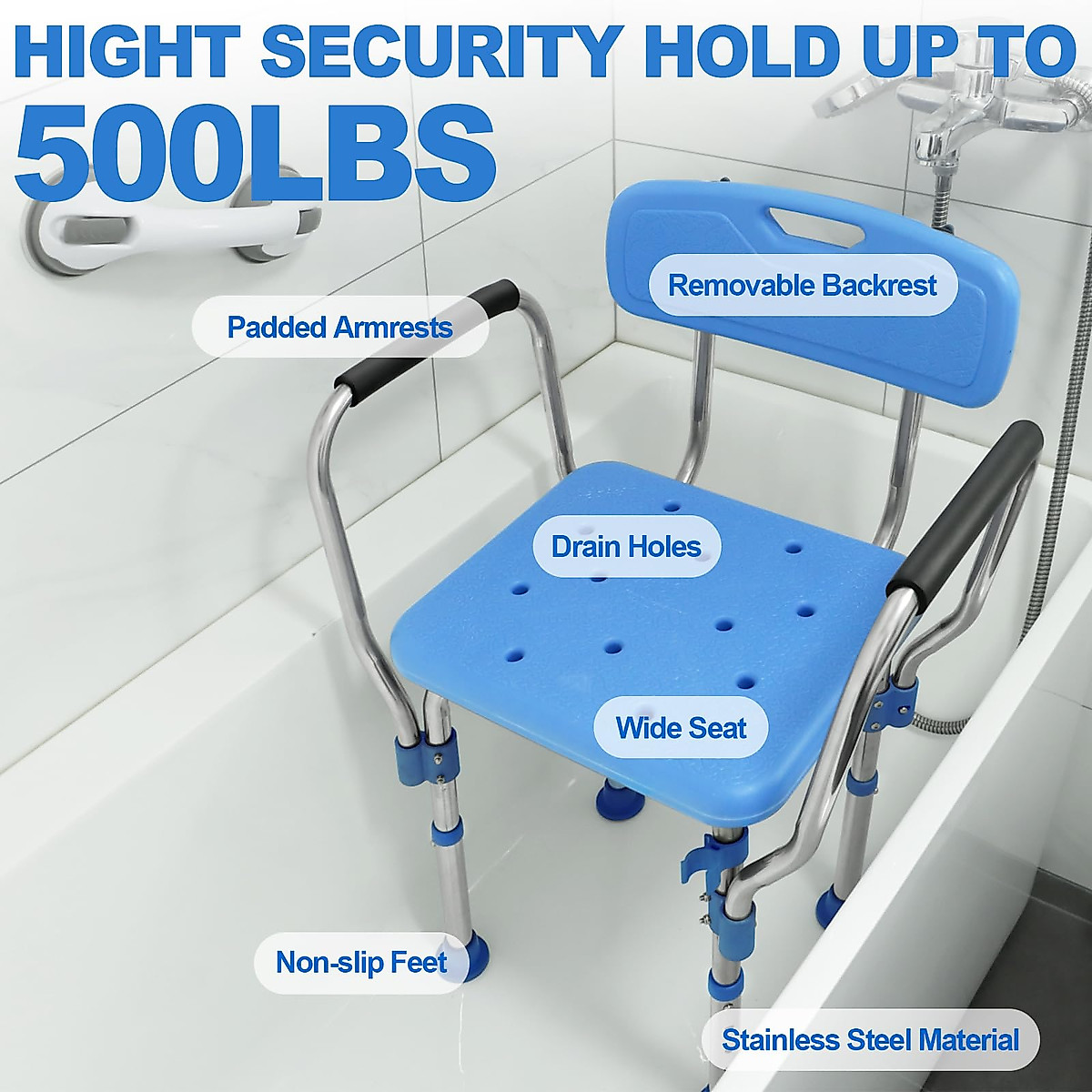 UGarden Upgraded Heavy Duty Stainless Steel Shower Chair Seat,Strong Support 500LB Bariatric Bath Chair w/Arms and Back/Padded,Safety Anti-Slip Shower Stool,Adjustable Shower Seat for Elderly,Disabled
