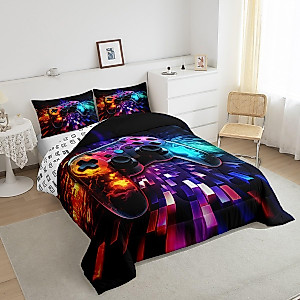 Manfei Modern Gamer Comforter Set Full Size, Geometric Gamepad Down Comforter with 2 Pillowcases, Video Games Bedding Set 3pcs for Kids Boys Teens Bedroom Decor Gaming Reversible Duvet Insert