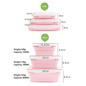 Camping Silicone Food Storage Container, Collapsible Vegetable Fruit Container Storage Cabinet Silicone Food Storage Lunch Box 3 Set Microwave Safe Container (Pink)