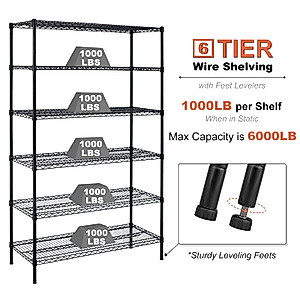Meet perfect 6-Tier Steel Wire Shelving Unit NSF Heavy Duty 6000 LB Capacity Adjustable Storage Rack for Laundry Pantry Kitchen Closet Wire Rack in Black 1 Pack, 18" L x 48" W x 72" H
