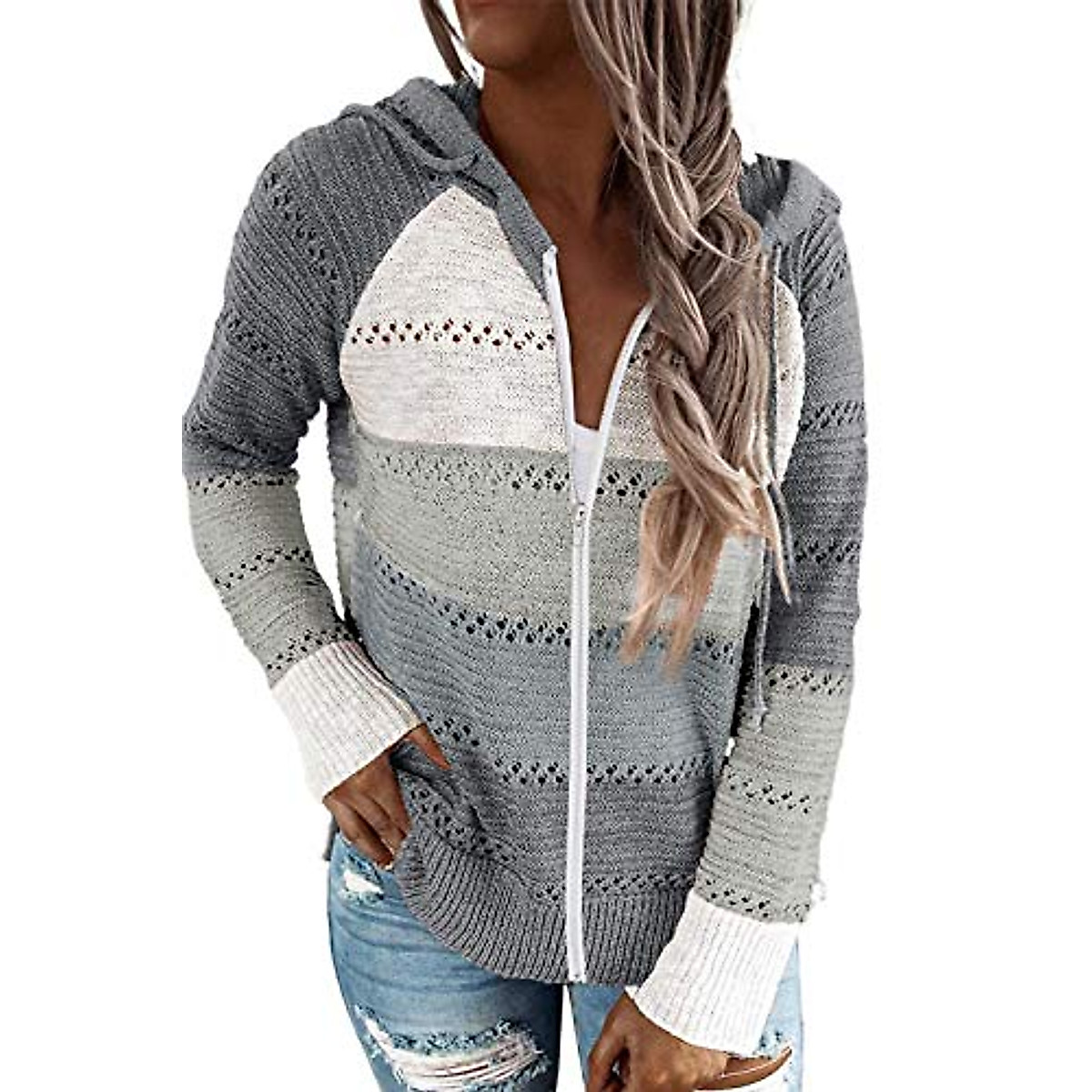Acelitt Womens Ladies Casual Lightweight Long Sleeve Zip up Zipper Color Block Knit Sweaters Hoodies Sweatshirts Pullover XL Gray2
