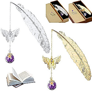 2pcs Vintage Metal Feather Bookmarks with 3D Butterfly Pendant,Student Reading Page Markers,Mothers Day Thanksgiving Birthday Pretty Surprise Gift for Women Girls Kids Teacher Readers（Purple Diamond）