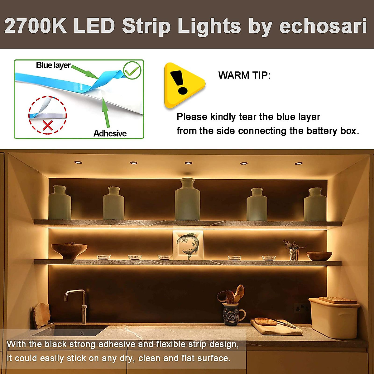 echosari Battery Powered Led Strip Lights with Remote Warm White, 8 Modes, Dimmable, Timer, Self-Adhesive, Cuttable, Waterproof, 9.8FT 90Led Strip Lights for TV Kitchen Cupboard Bedroom Decor