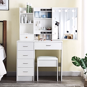Lucaseone Vanity Desk with Lights Mirror, Vanity Table Makeup Vanity with Slidable Mirror,Drawers & Stool,for Bedroom, White (7507USB)
