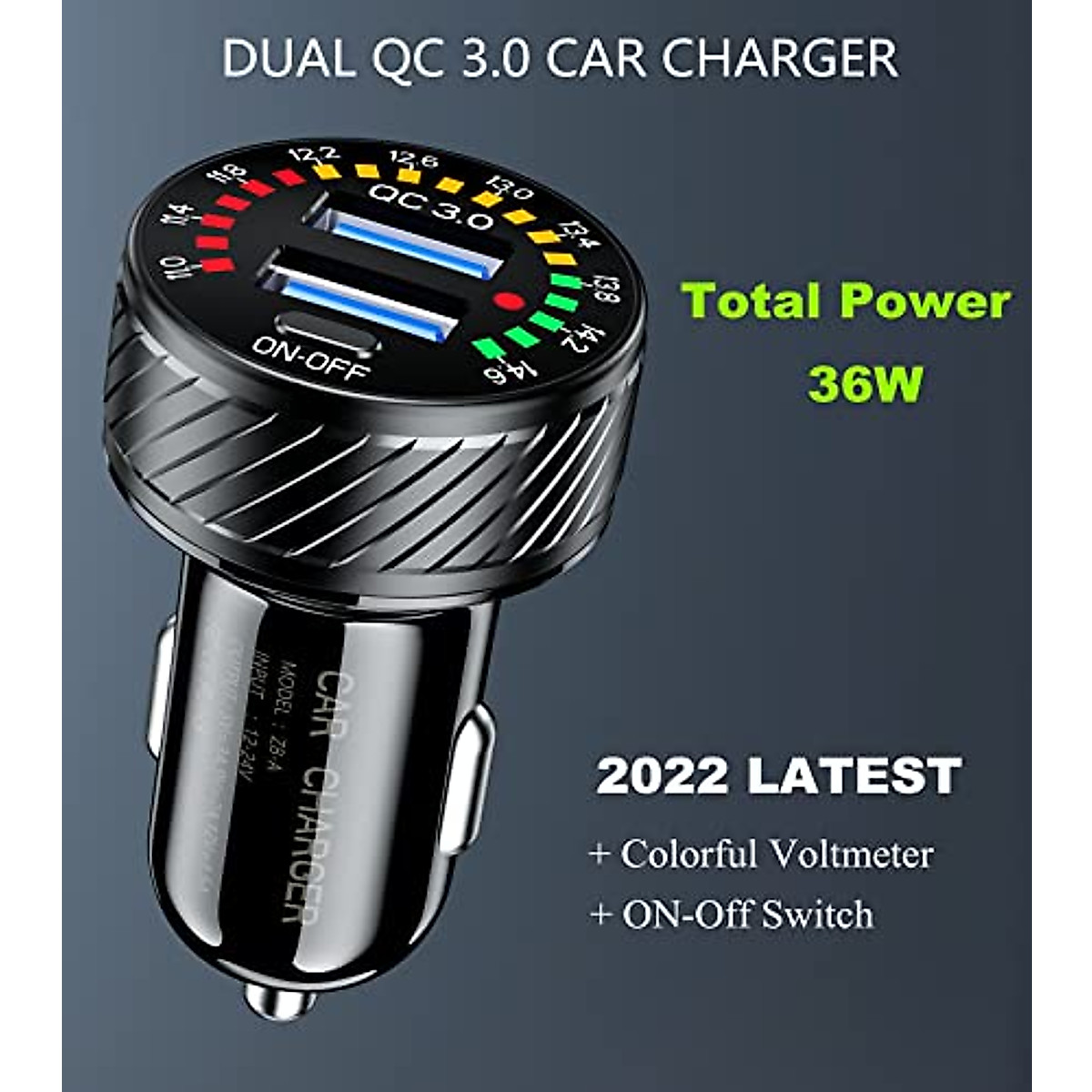 Car Charger, BRCOVAN Dual QC3.0 Port USB Car Charger Adapter, 36W 3A Fast Charge Car Phone Charger with Colorful Voltmeter & ON/Off Switch