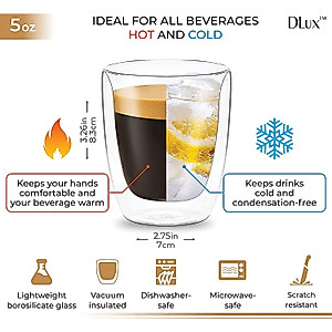 DLux Coffee Mugs, 5.4oz Latte Clear Glass Set of 2 Cups, Lungo Double Wall Insulated Borosilicate Glassware Cup - Wine, Tea Glasses