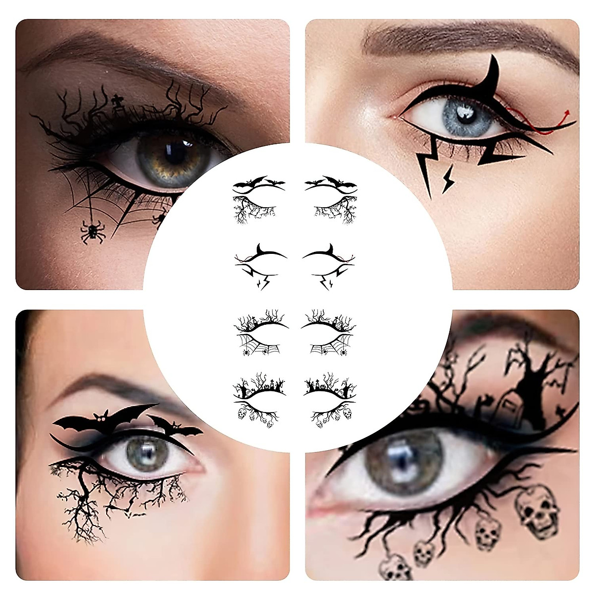 AUOCATTAIL 4 Pcs Halloween Face Tattoo Stickers Scary Spider, Skull & Bat Designs for Women, Girls, and Masquerade Parties Temporary Tattoo Stickers for Face and Body Halloween Makeup Essential
