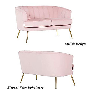 Artechworks Contemporary Velvet Loveseat Chair with Gold-Finished Metal Legs, 2-Seat Sofa for Living Room, Bedroom, Home Office, Apartment,Small Spaces, Light Pink