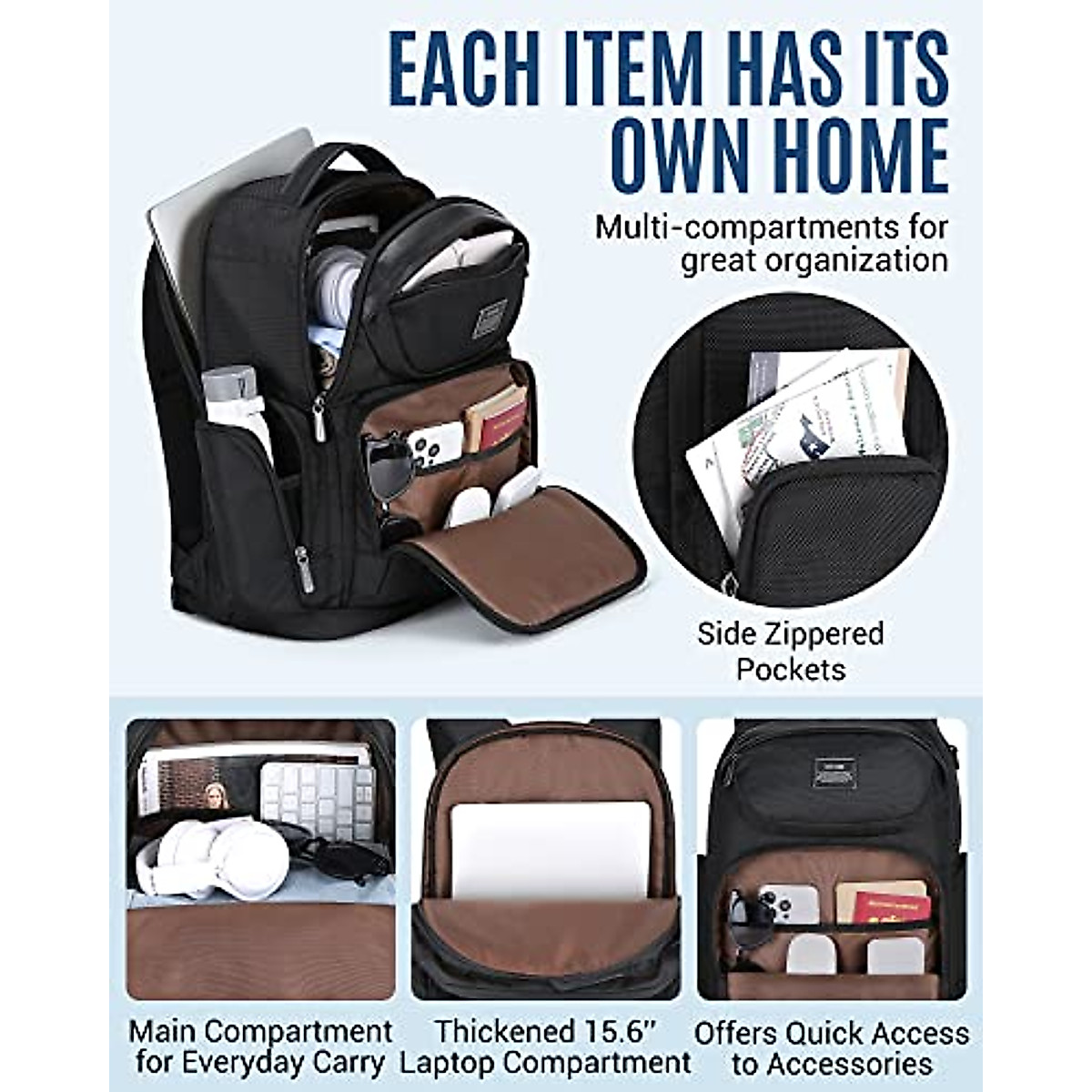 LIGHT FLIGHT Travel Laptop Backpack for Men Women,Water Resistant College Bag,Carry on Backpack Flight Approved,Work Bookpack Fits 15.6 Inch Laptop,Lightweight Hiking Bag,Black