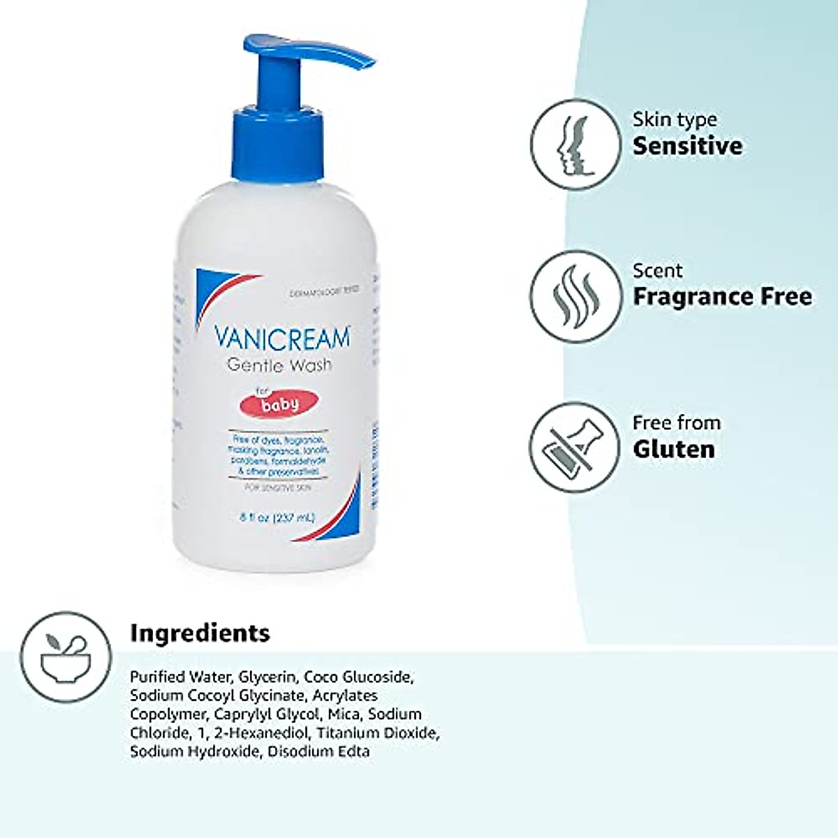 Vanicream Gentle Wash with Pump for Baby -Ideal for Normal to Sensitive/Dry Skin, Gluten and Sulfate Free, Dermatologist Tested, Transparent, Unscented, 8 Fl Oz