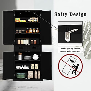 HLR 72" Freestanding Kitchen Pantry Storage Cabinet with Doors and Adjustable Shelves, Pantry Cupboard Cabinet for Kitchen, Bathroom or Hallway, Black