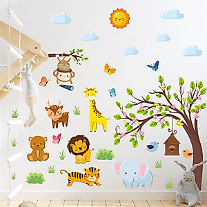 Jungle Animal Wall Decals Cartoon Tree Animal Wall Stickers Forest Animal Wall Decals Peel and Stick Elephant Woodland Animal Wall Decal for Girl Boy Room Kids Baby Room Nursery Playroom Bedroom Decor